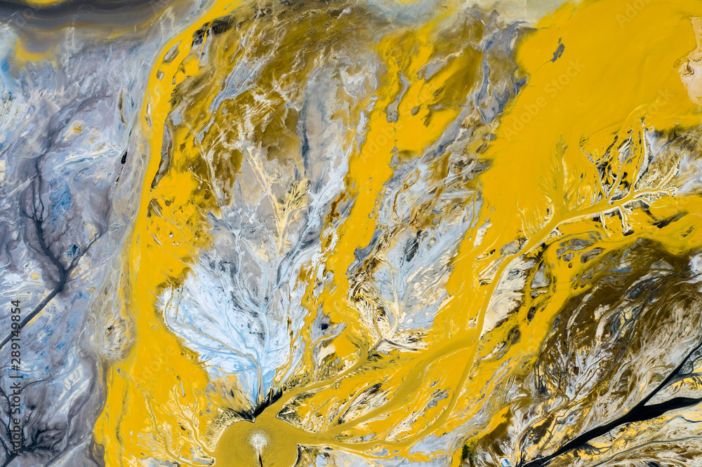 Degraded landscape. Destroyed land. View from above. Surrealistic lake ...