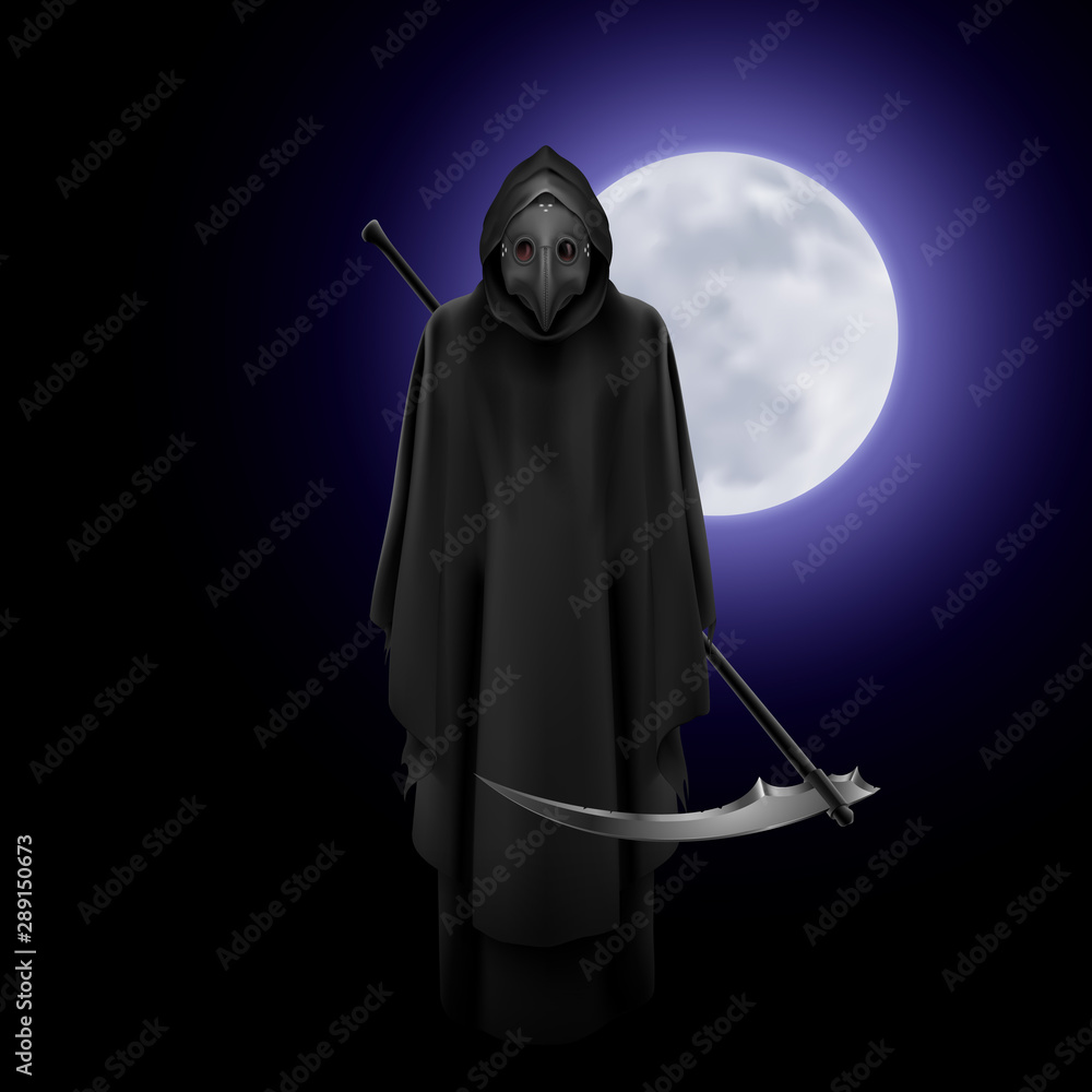 Terrifying Plague Doctor Over Full Moon Background. Medieval Death ...