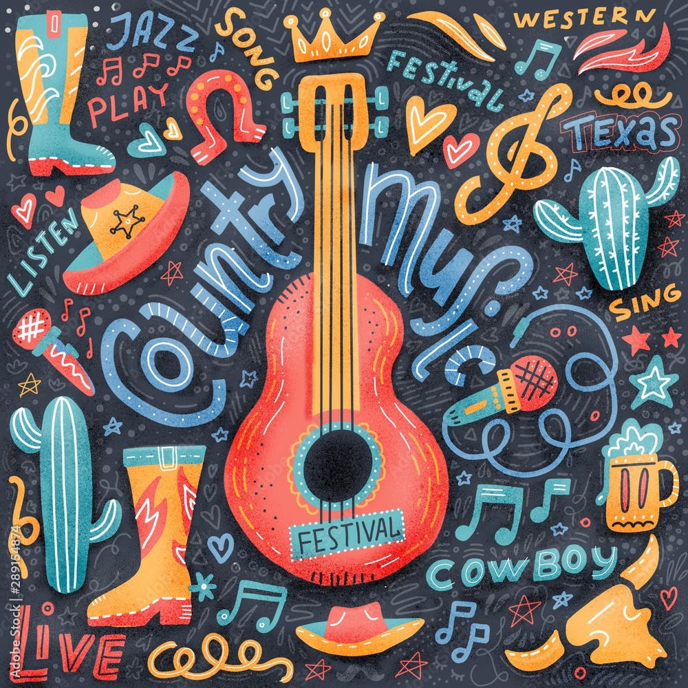 Country music print concept for postcards or festival banners. hand ...