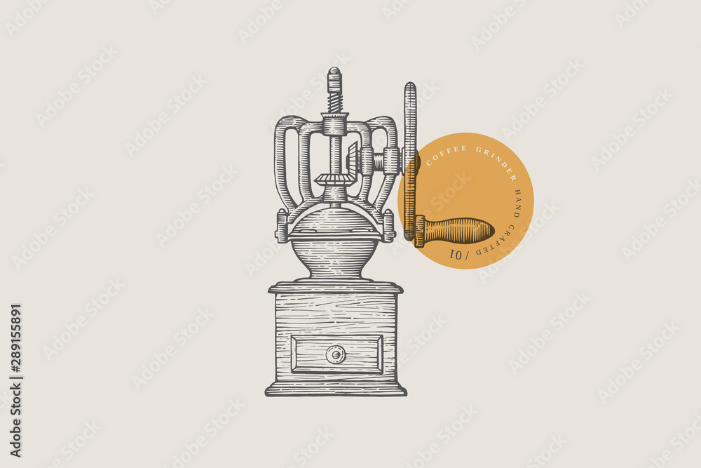 Image of a vintage manual coffee grinder, drawn by graphic lines on a ...
