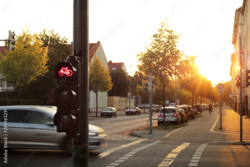 traffic light for a cycling lane showing red bicycle symbol at an ...