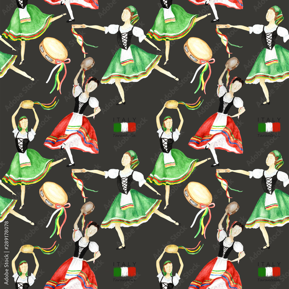 Seamless pattern Dancers in national costume an Italian tarantella with ...
