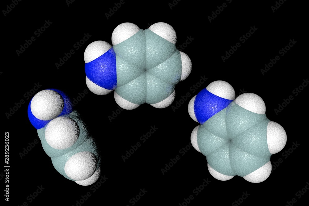 Space-filling molecular model of aniline. Atoms are represented as ...