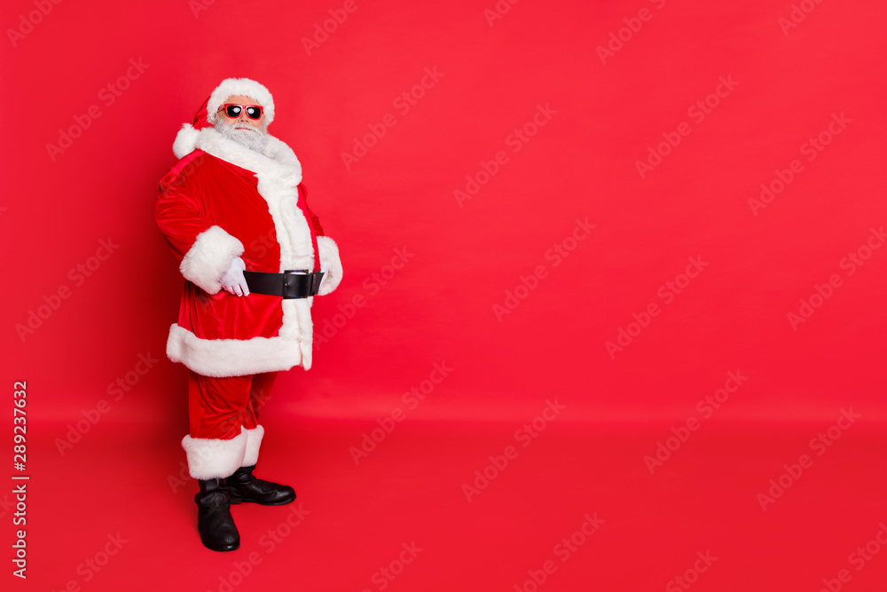 Full length photo of minded cool funky fat santa claus with big belly ...