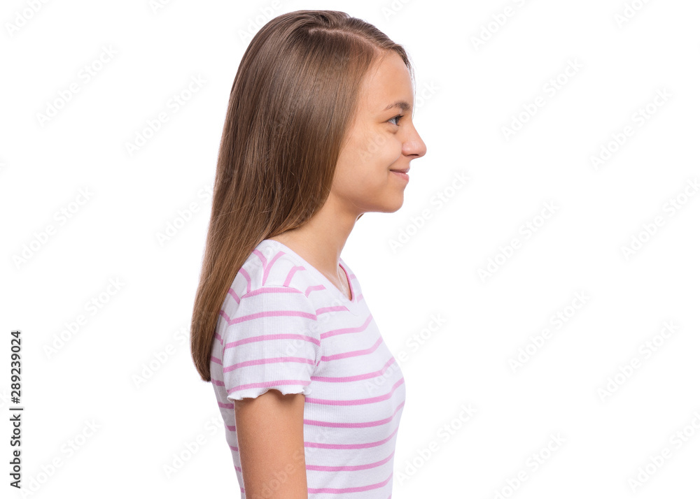 Side view of portrait of teen girl, isolated on white background. Happy ... Side view of portrait of teen girl, isolated on white background. Happy ...