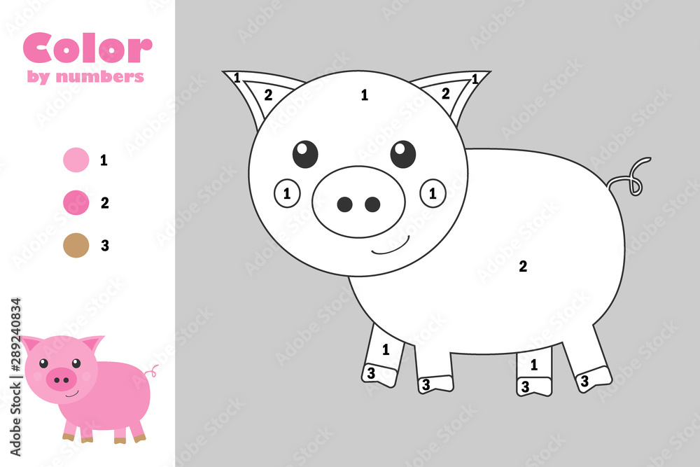 Pig in cartoon style, color by number, education paper game for the ...