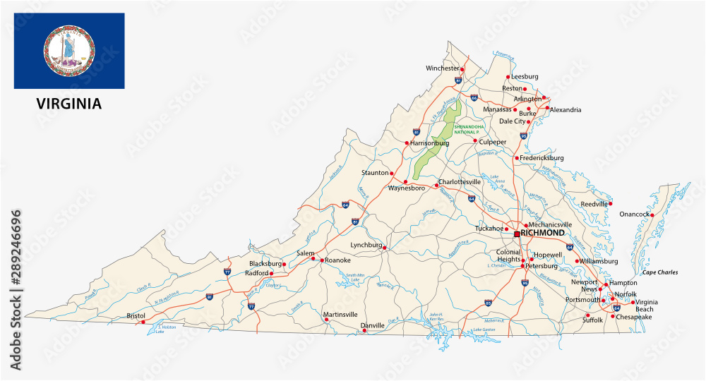 virginia road map with flag Stock Vector | Adobe Stock