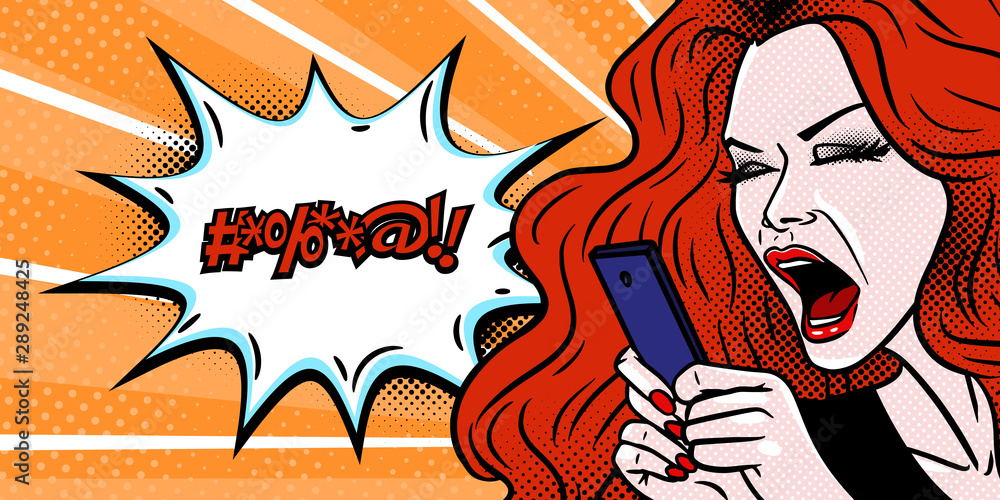 Comic style girl angry at her phone message and swearing, beautiful ...