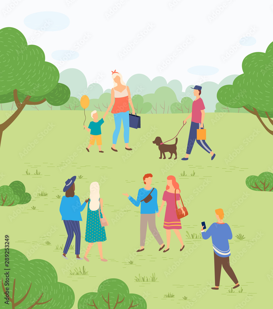 Outdoor activity on nature, people walking in park. Mother and son, guy ...