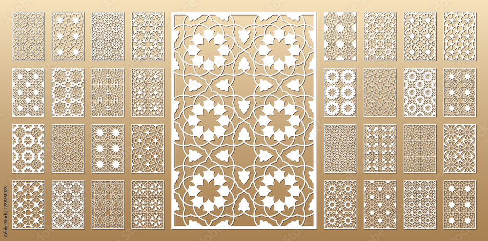 Laser cut vector panels (ratio 2:3). Cutout silhouette with geometric ...