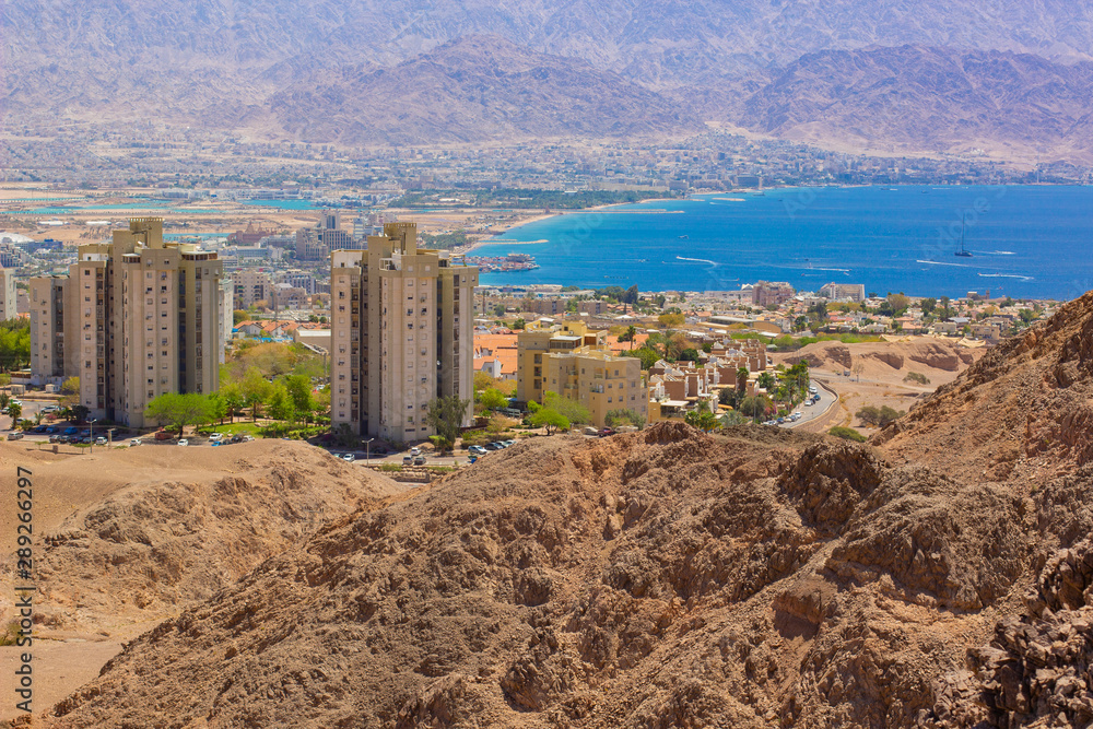 seaport resort Israeli city Eilat buildings near Gulf of Aqaba top vie ...