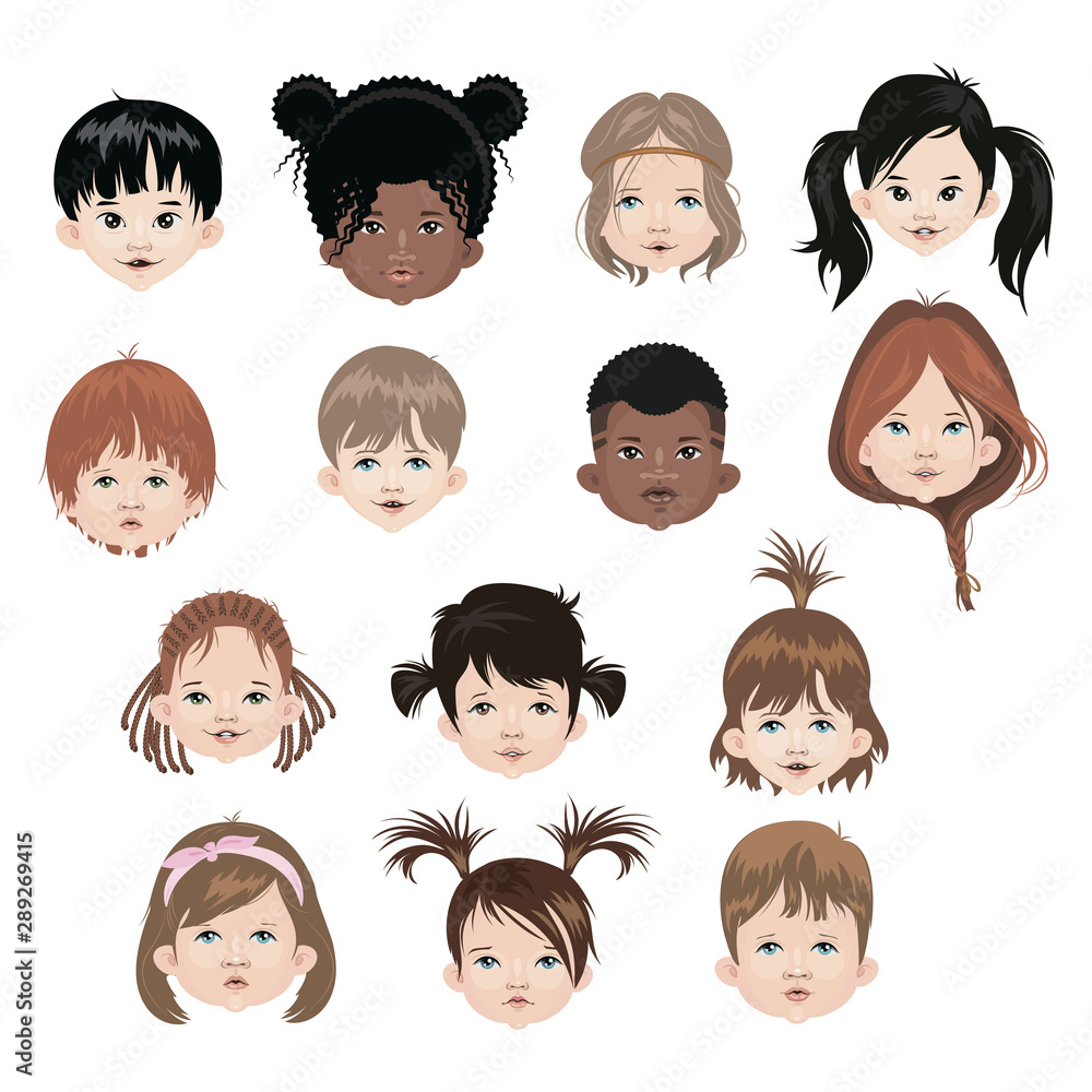 Set of children of different nationalities. Collection of portraits of ...