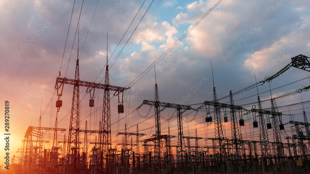 Electrical substation silhouette on the dramatic sunset background ...