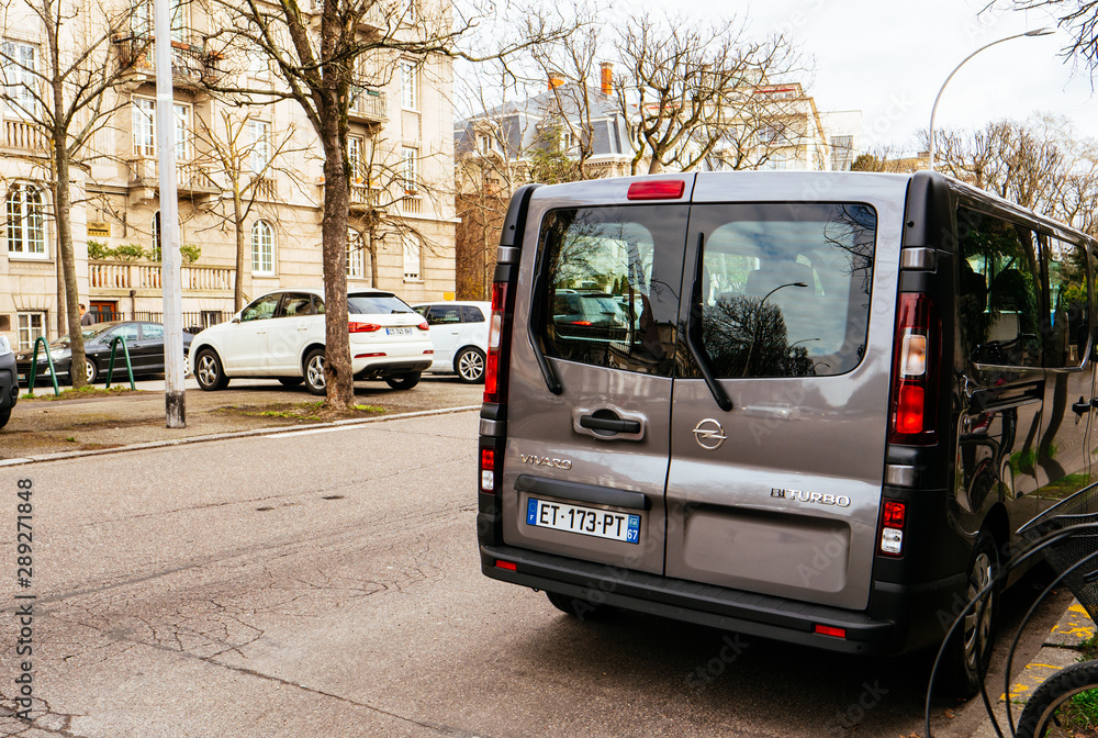 STRASBOURG, FRANCE - CIRCA 2018: Rear view of new Opel Vivaro BiTurbo ...