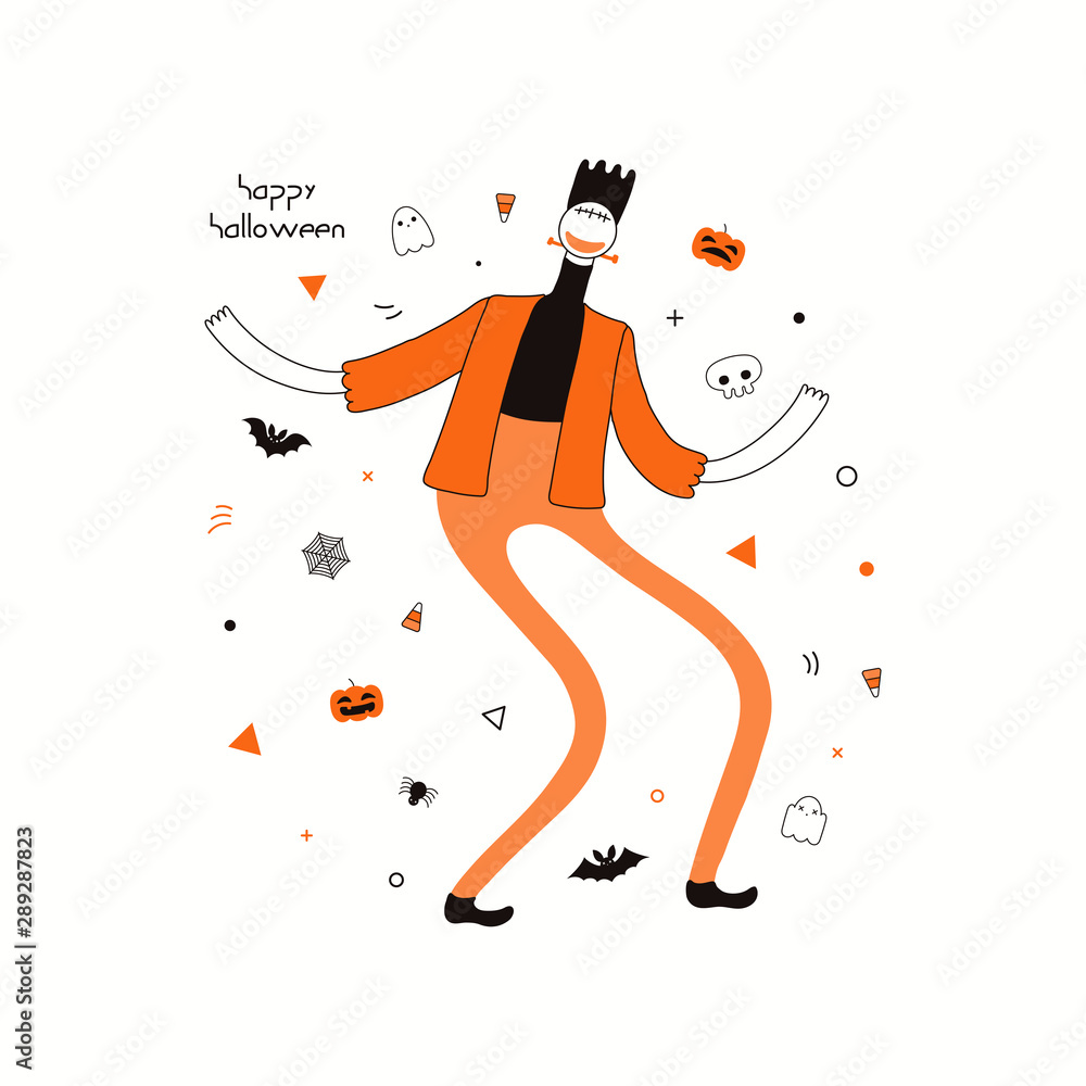 Hand drawn vector illustration of a dancing character in a Frankenstein ...
