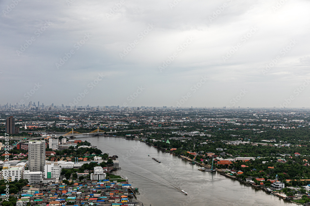 Nonthaburi ,Thailand. -AUG 07, 2019 Top view of city and Chao Phraya ...