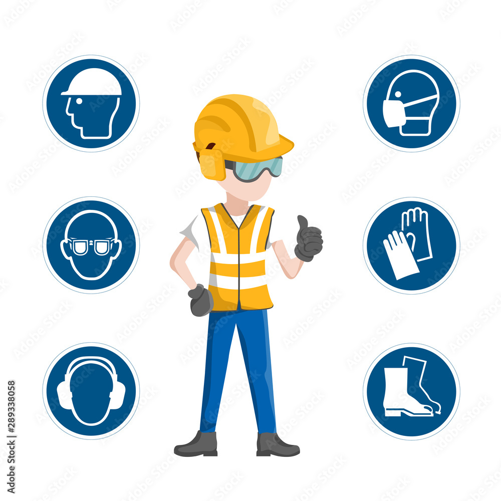 Industrial safety icons, worker with his personal protective equipment ...