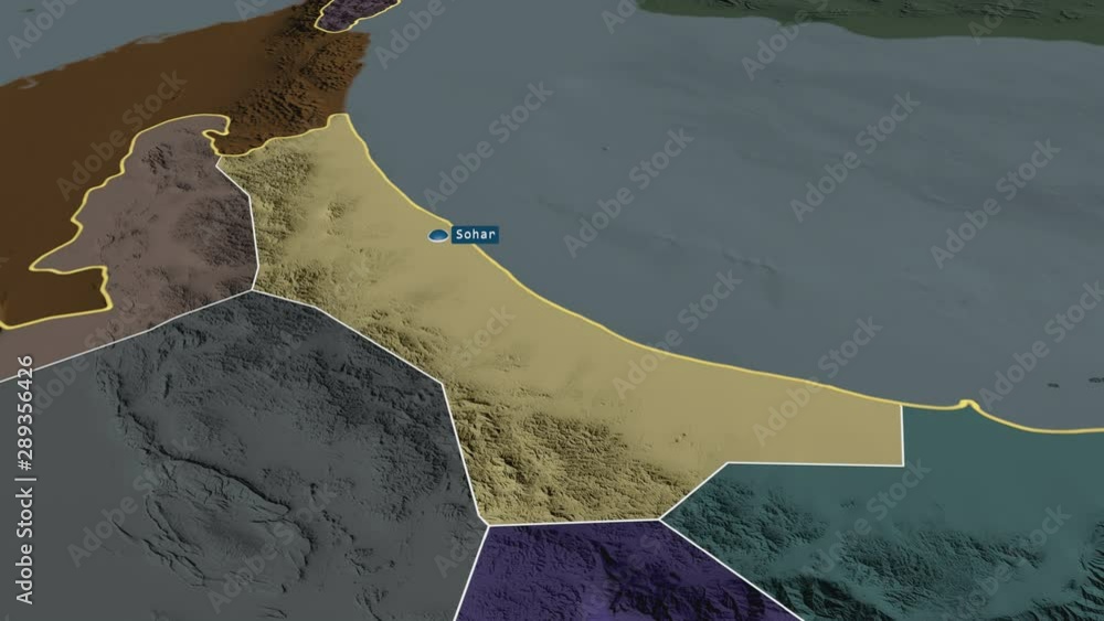 Al Batinah North - region of Oman with its capital zoomed on the administrative map of the globe ...