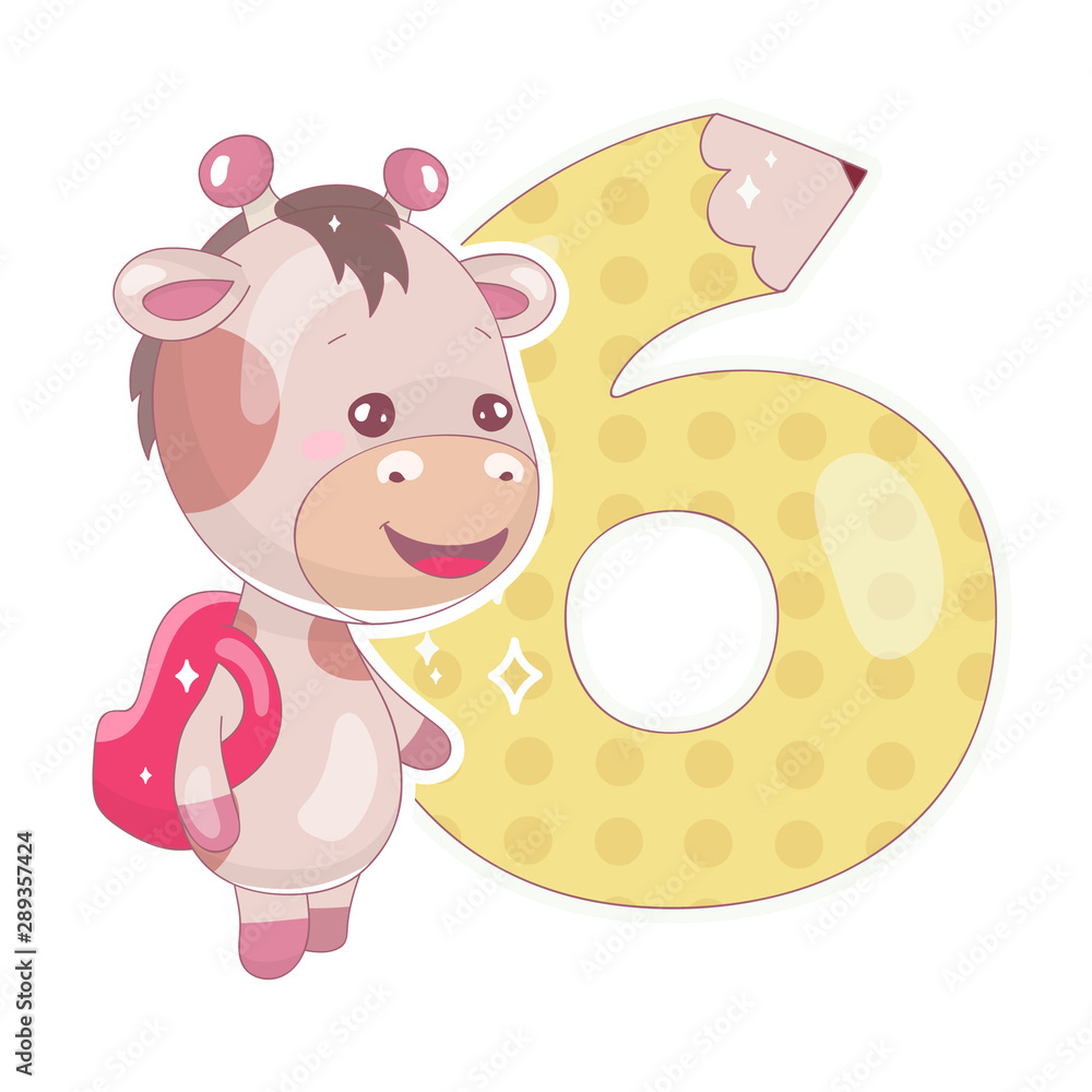 Cute six number with baby giraffe cartoon illustration. School math ...