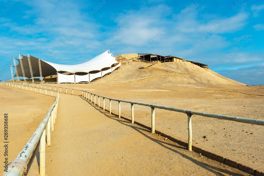 Path to the Huaca Cao Viejo pyramid of the Moche civilization in the ...