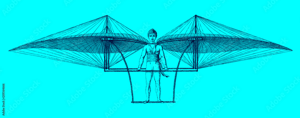 Historical man-powered flying machine with two movable wings in front ...