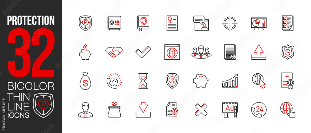 protection, security and warranty business outline flat icons set. Thin ...