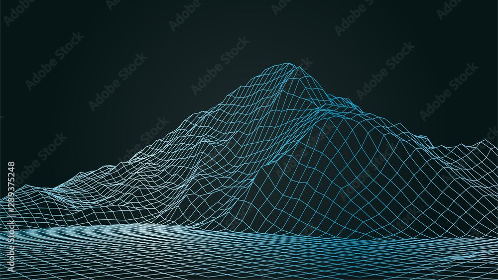 Abstract digital vector landscape background. Wireframe terrain polygon ...