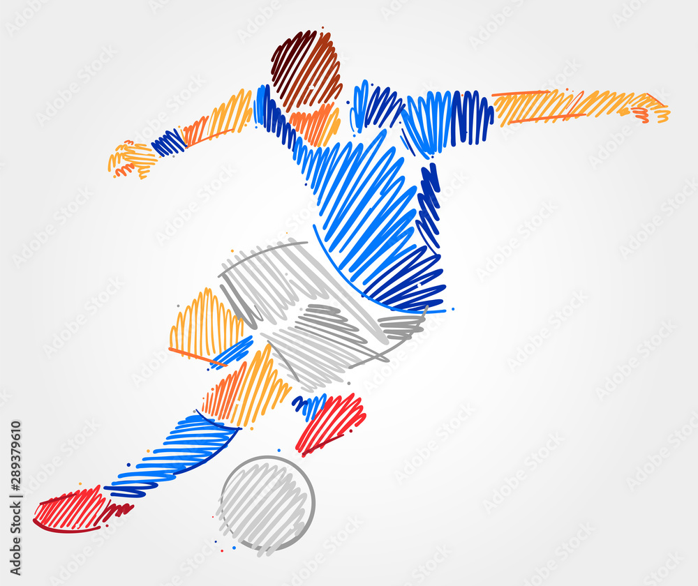 Soccer player making a sharp move to catch the ball. Simple drawing ...