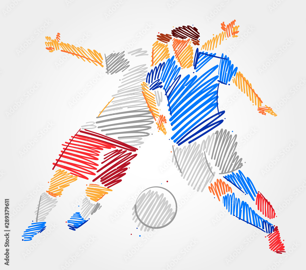 Two soccer players fighting over the ball. Simple drawing with blue and ...