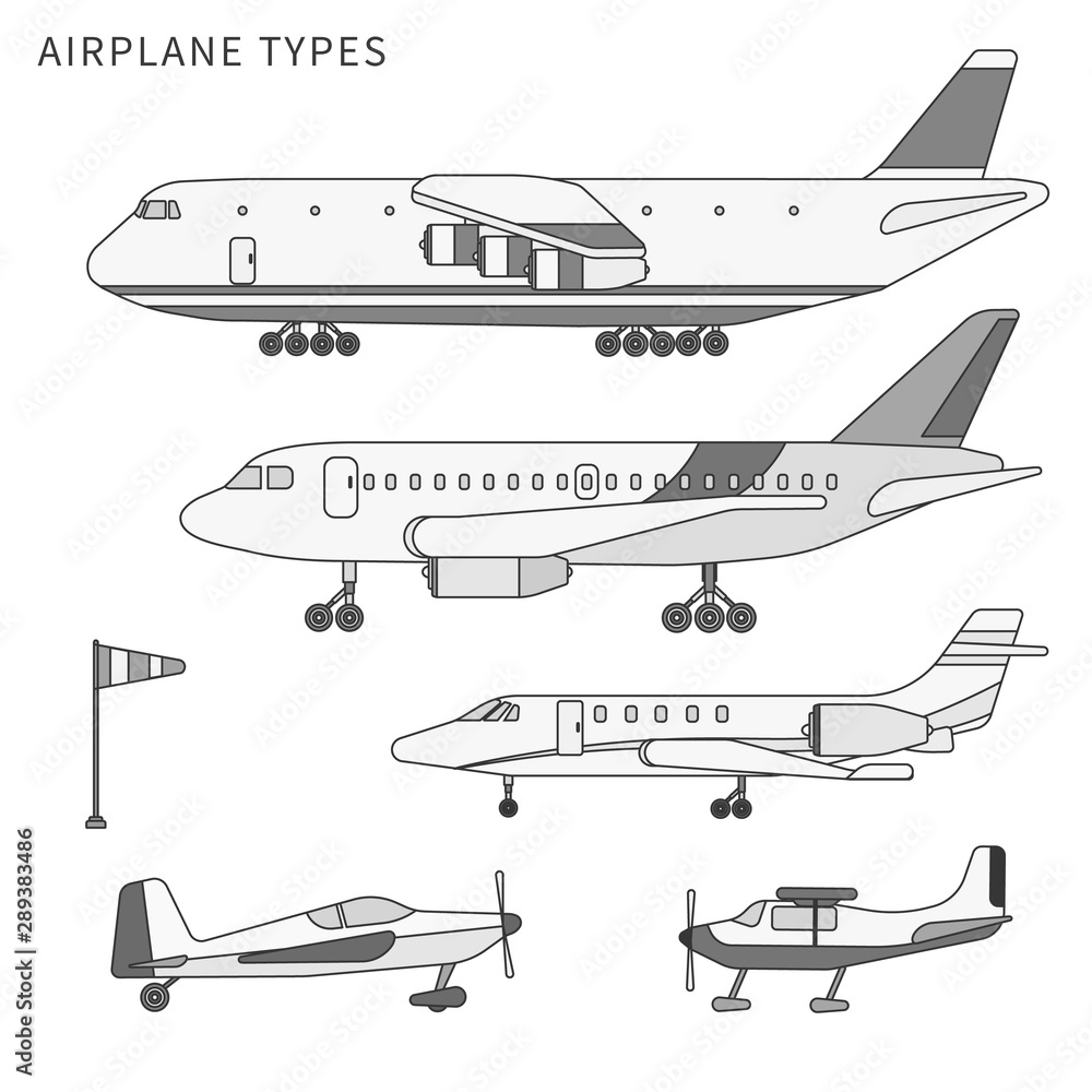 Different airplanes types flat isolated. Line monochrome vector ...