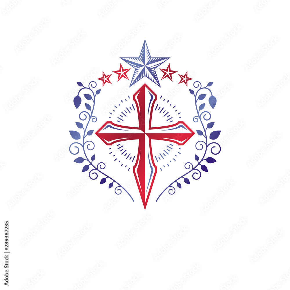 Cross Religious vintage emblem created using pentagonal star and floral ...