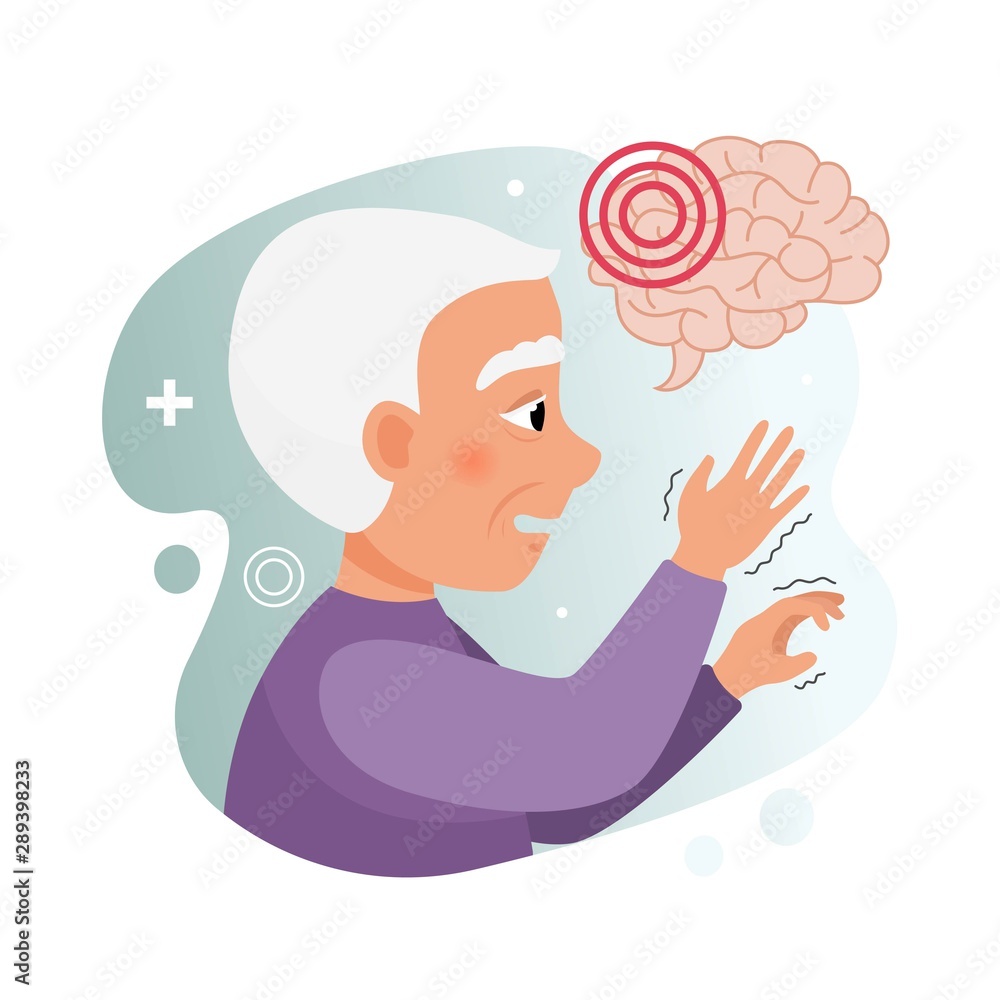 Vector illustration of an elderly man with parkinson's disease. Brain ...