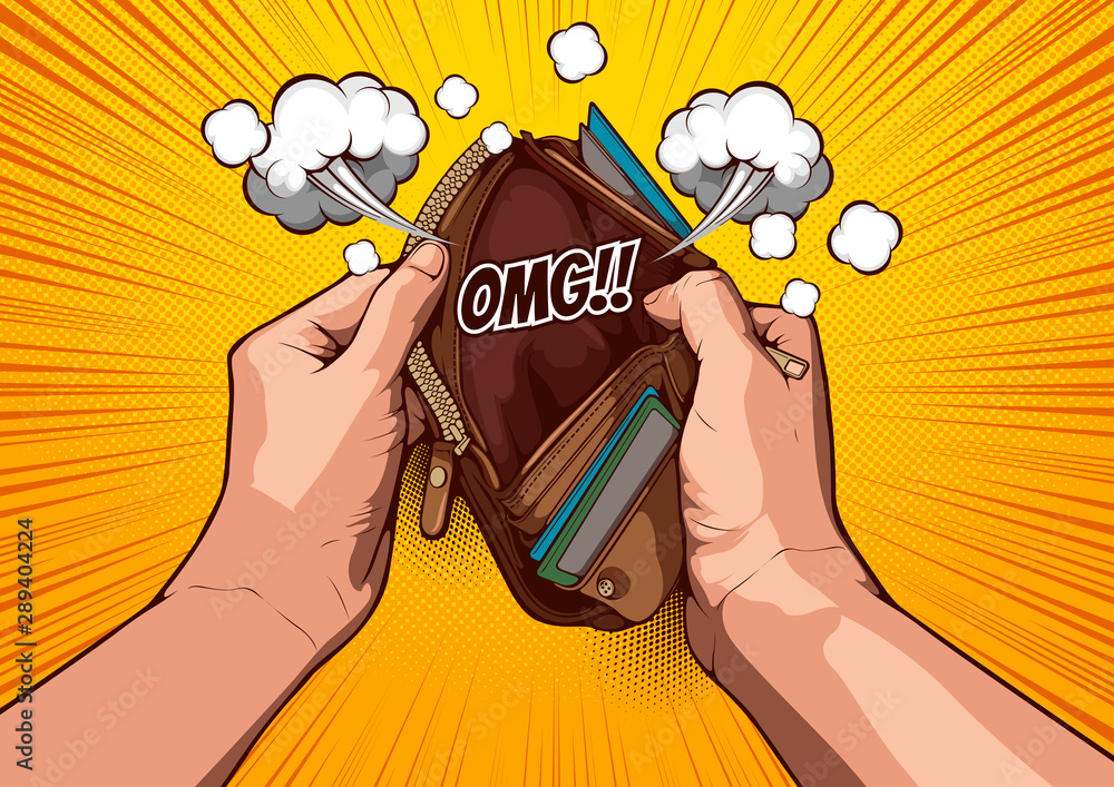 picture hand open an empty wallet on yellow background, comic cover ...
