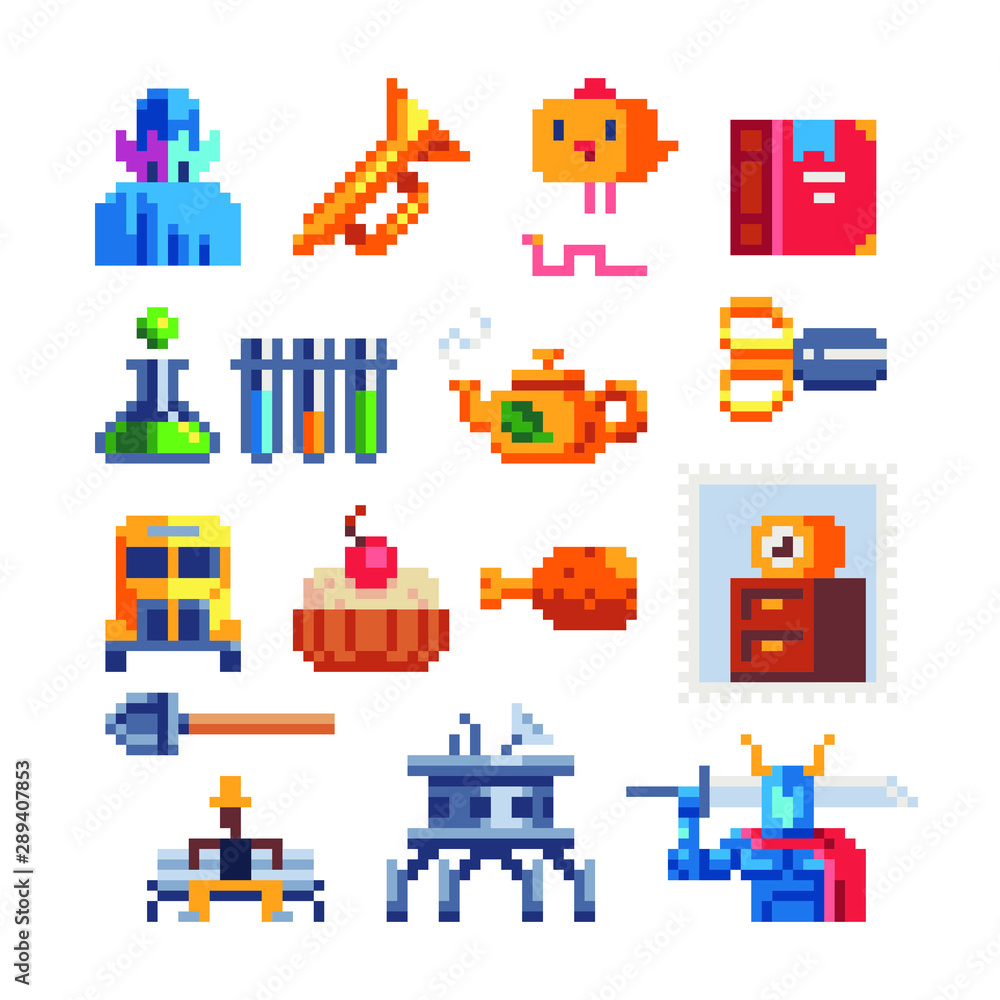 Vetor de Different pixel art icons set for video games. Design for logo ...