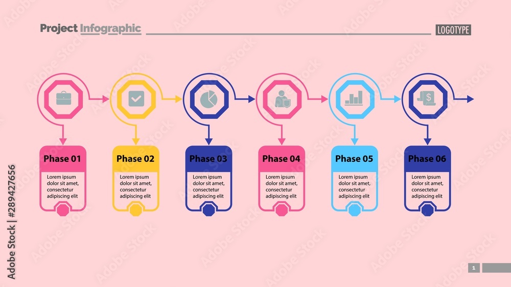 Six options process chart slide template. Business data. Option ...