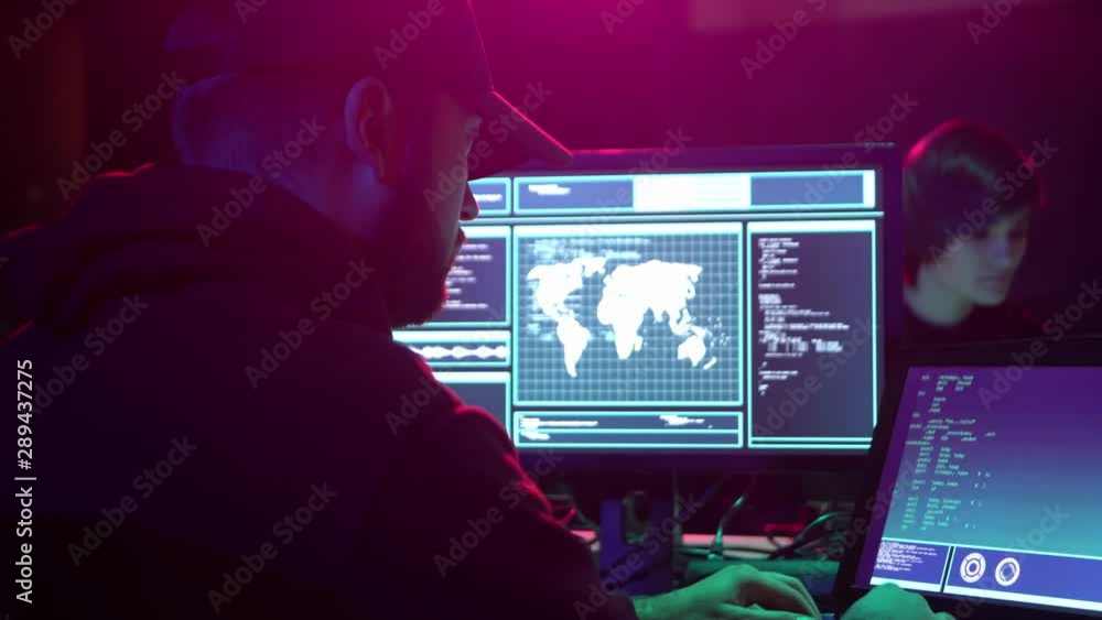 Hackers breaking server using multiple computers and infected virus ransomware. Cybercrime ...
