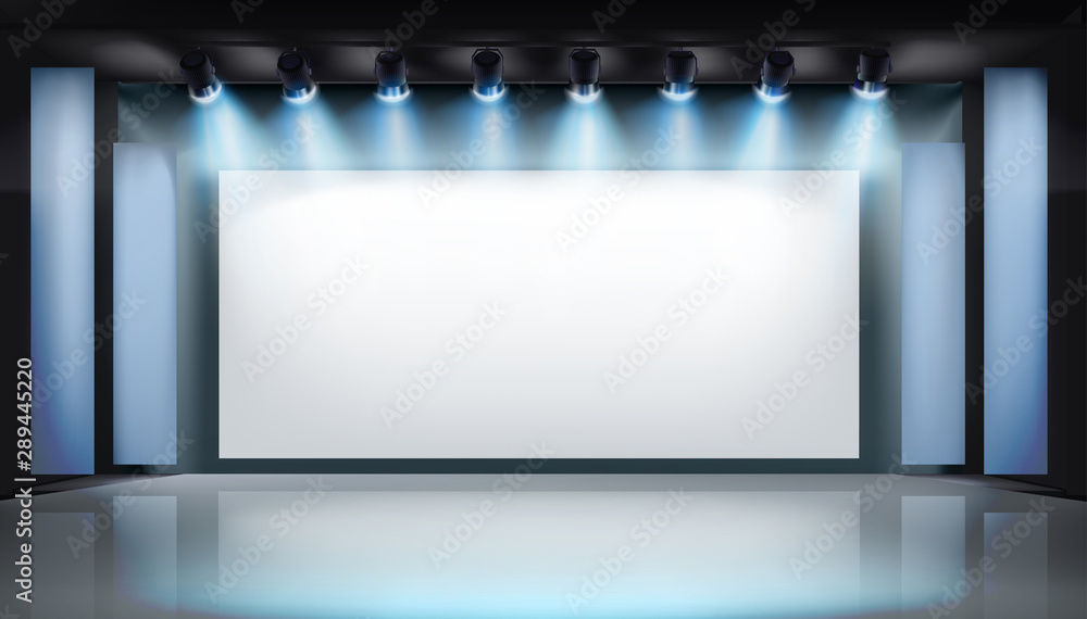 Large projection screen on stage. Art gallery. Free space for ...