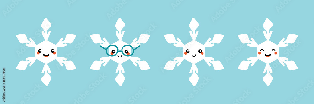 Set, collection of cute cartoon smiling snowflakes characters for ...