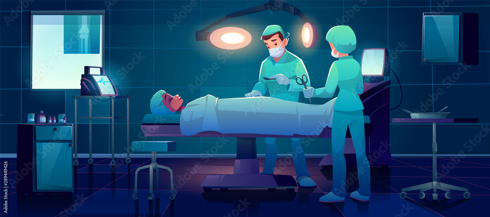 Plastic surgeon operating patient with assistant help in surgery dark ...