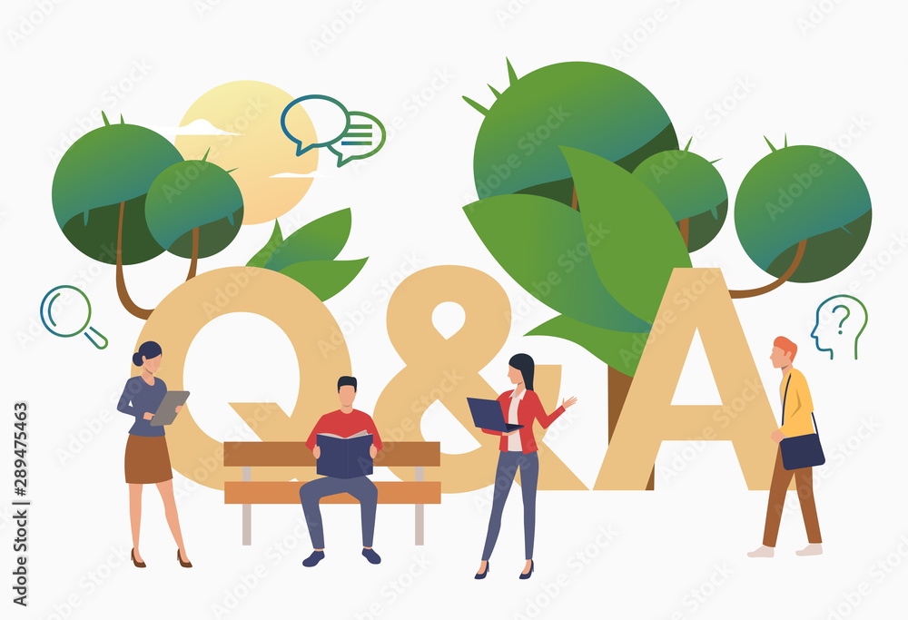 Group of people getting answers for troubling questions. FAQ, confusion ...