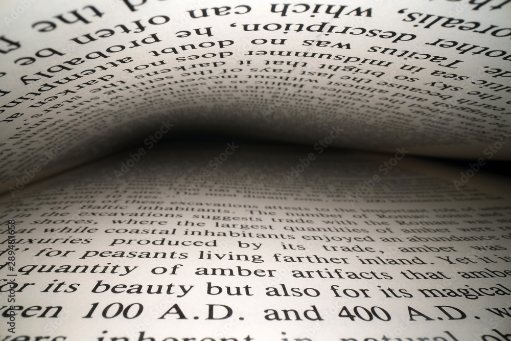 Inside the book concept. Latin letters and words on an open book with ...