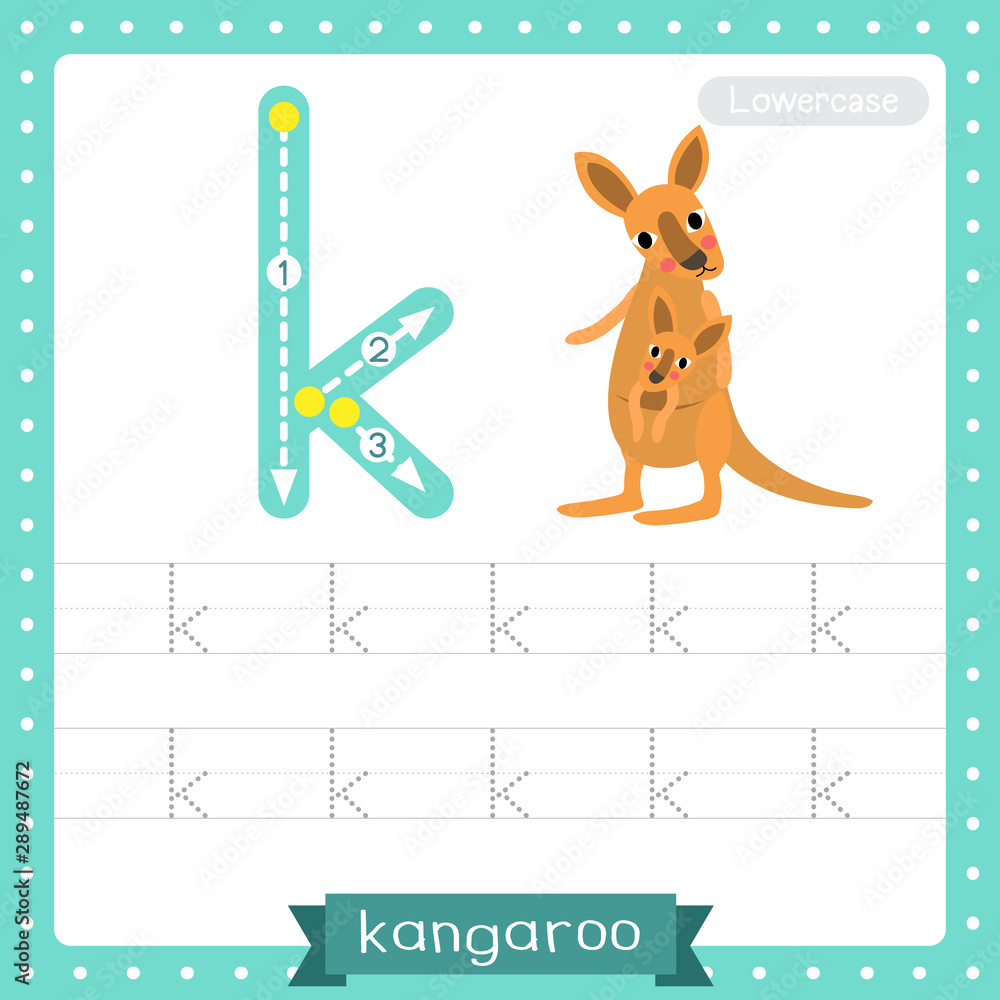 Letter K lowercase tracing practice worksheet. Kangaroo and baby Stock ...