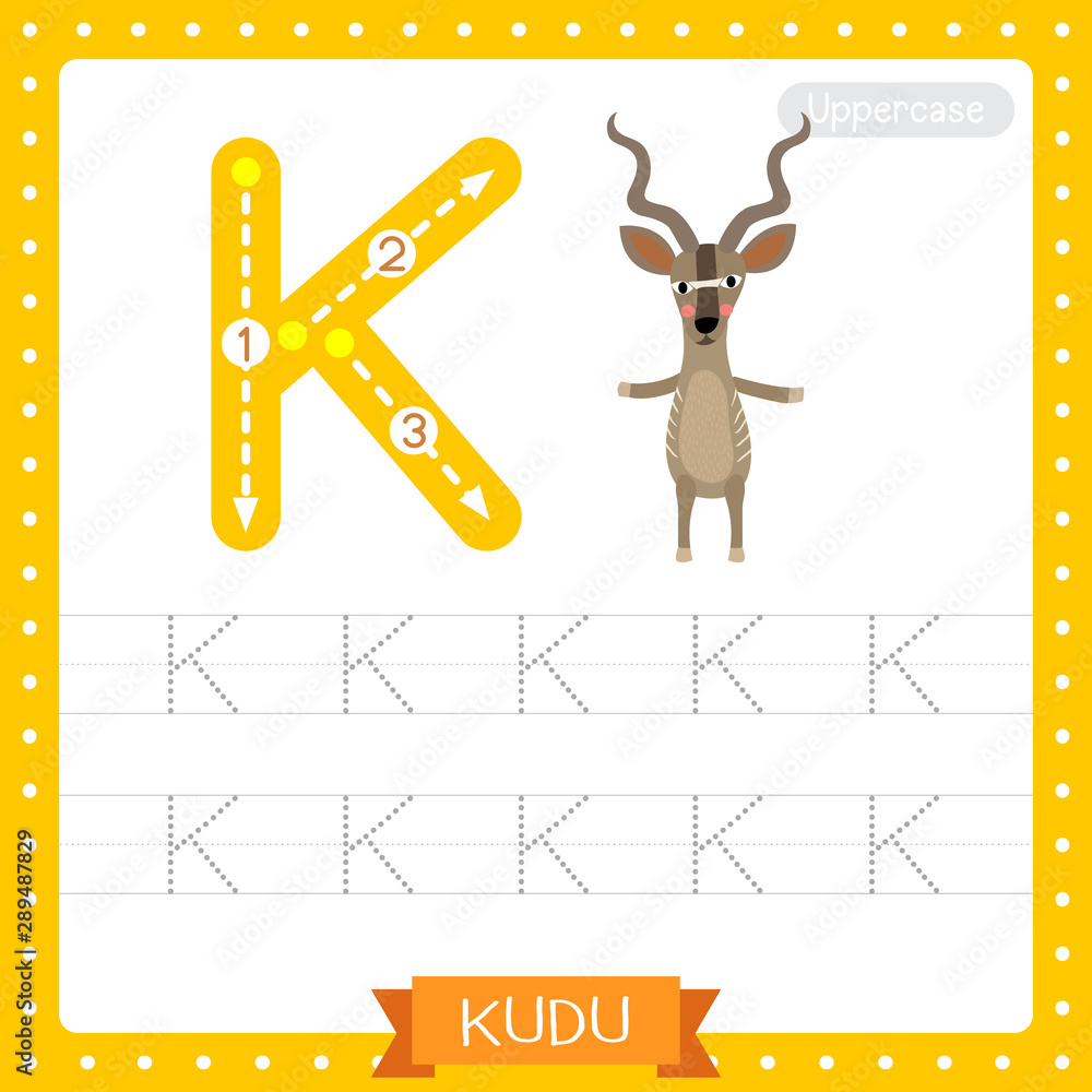 Letter K uppercase tracing practice worksheet. Kudu standing on two ...