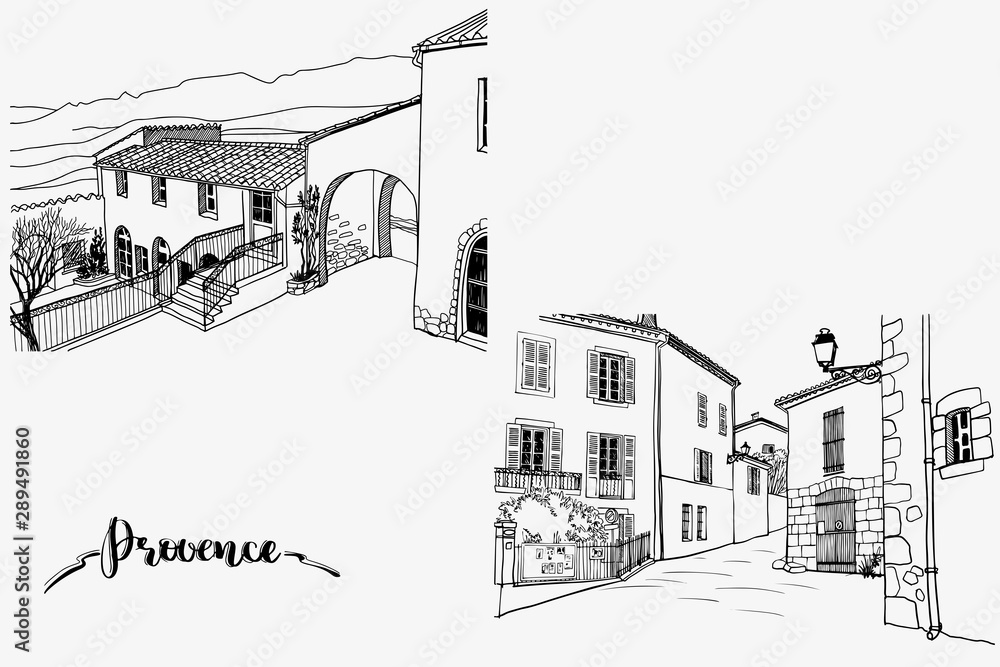 Two pictures with nice old streets and hills in romantic Provence ...