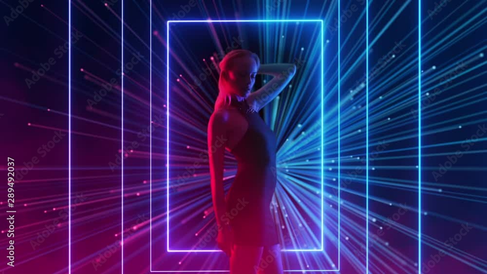 Girl Dressed In Black Is Moving Slowly In Neon Lights. Perfect Female ...
