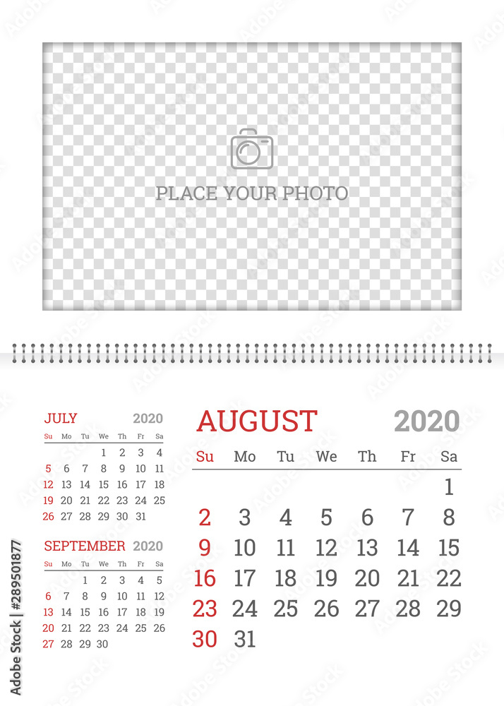 Wall calendar planner template for August 2020 year with place for ...