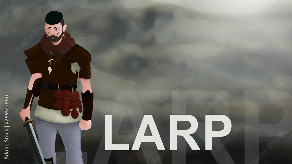 Larp word text with Warrior armed with sword viking and leather armor ...