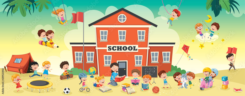 Funny Students and School Building Stock Vector | Adobe Stock