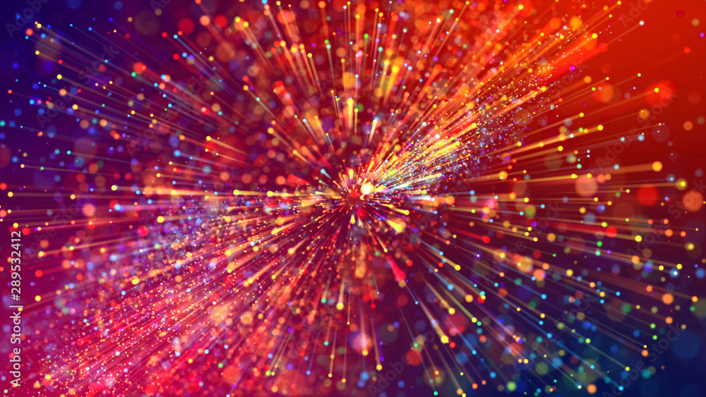Abstract explosion of multicolored shiny particles or light rays like ...