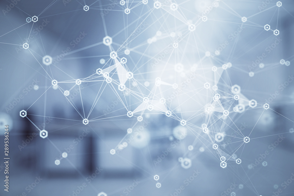 Technology theme drawing with office interior on background. Multi ...